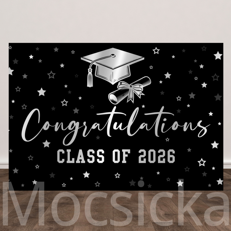 Mocsicka Grad Cap & Starry Black Silver Graduation Backdrop For Class ...