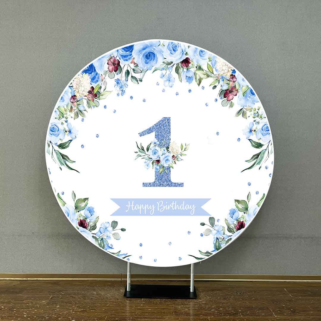Mocsicka Blue Flowers and Dots Happy 1st Birthday Round Cover ...